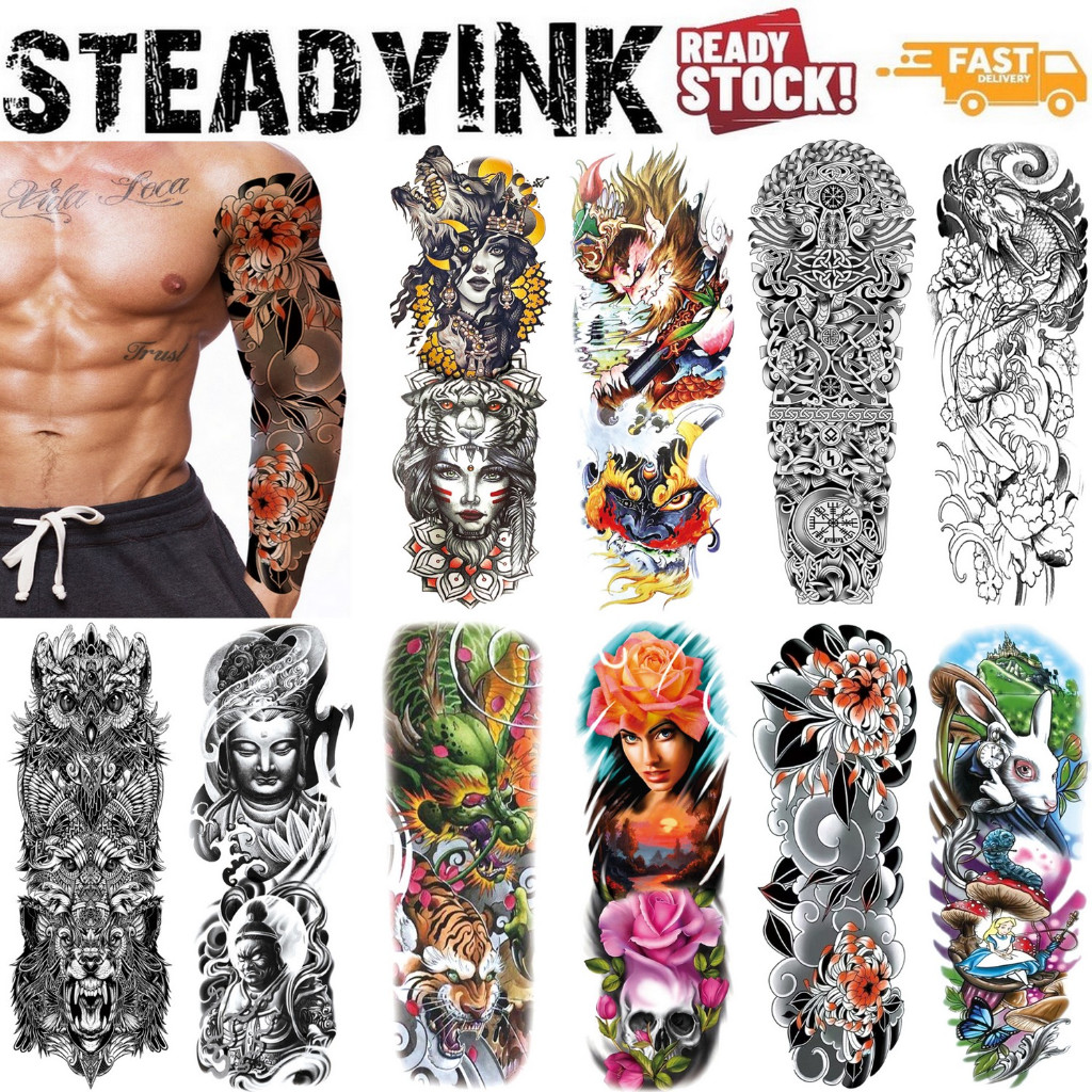 [𝚂𝚝𝚎𝚊𝚍𝚢𝙸𝙽𝙺] Full Sleeve Tattoo Sticker Waterproof | Buddha Mandala Lion ...