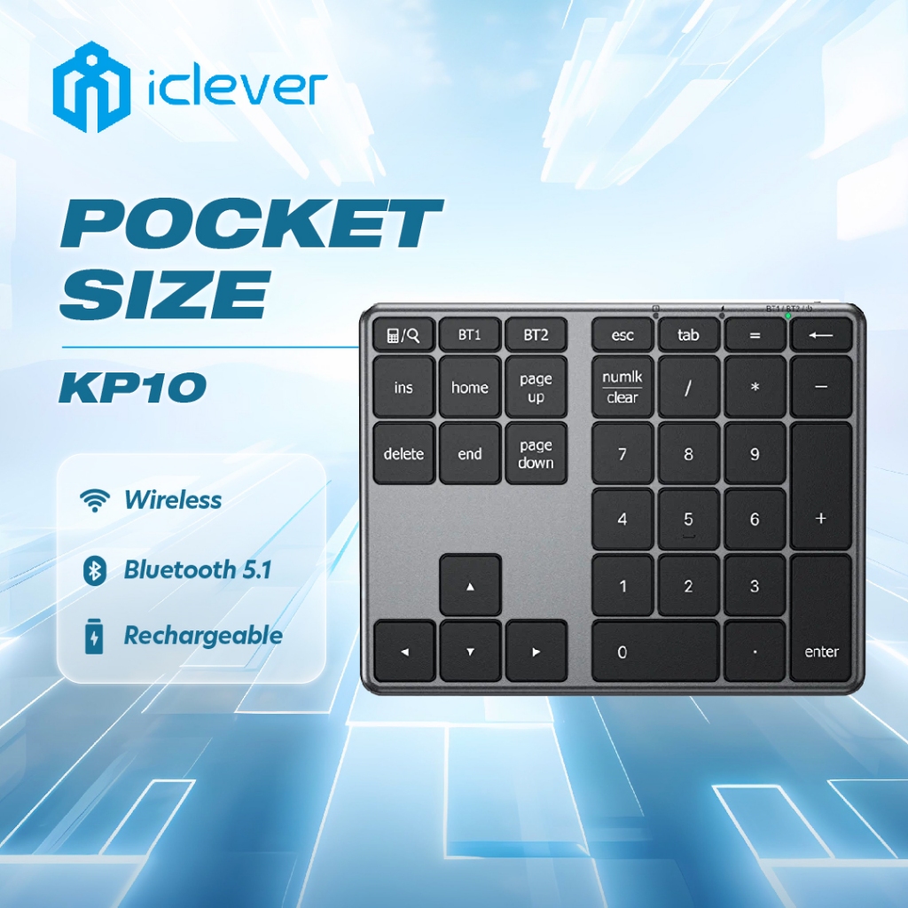 iClever KP10 Bluetooth Number Pad, Multi-Devices Wireless Number Pad, USB-C Rechargeable ...