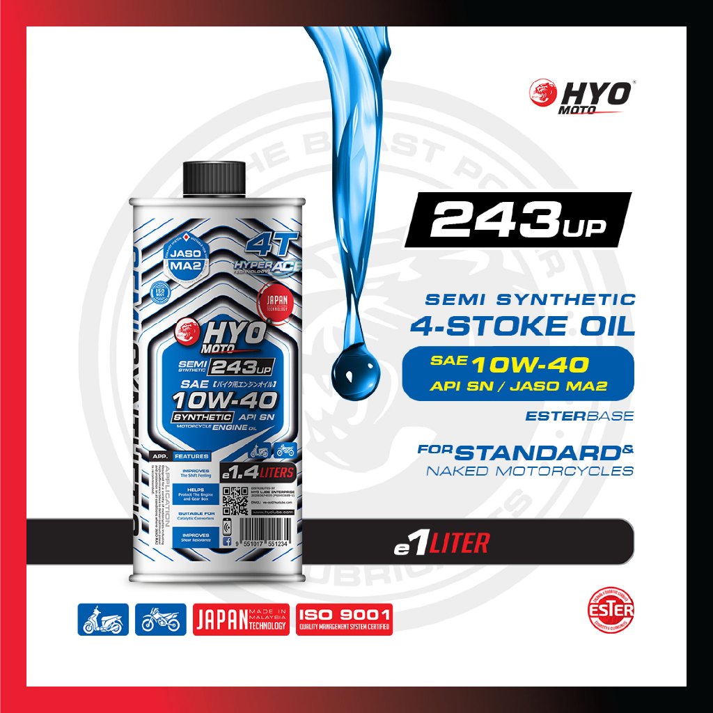 [HYO MOTO] 243UP Ester-based Semi Synthetic SAE 10W40 - 4T Motorcycle ...