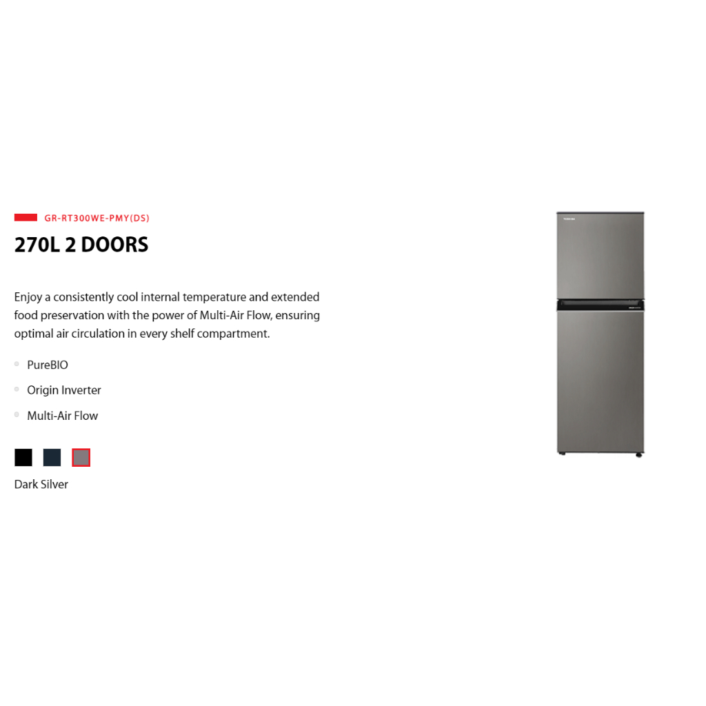 TOSHIBA 270L 2 Doors Refrigerator GR-RT300WE-PMY(DS) | Shopee Malaysia