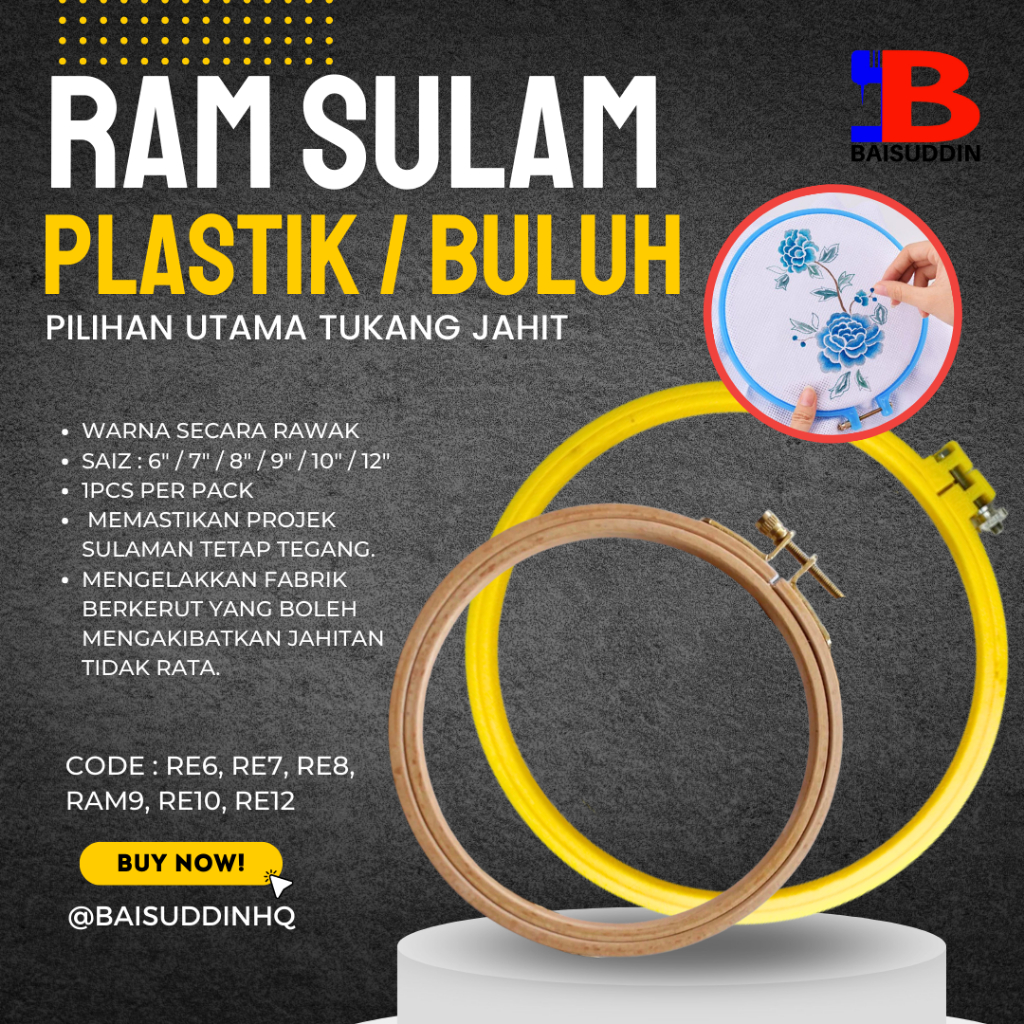 Ram Sulam Plastik dan Buluh 6 inci - 12 inci / Embroidery Hoop Plastik ...
