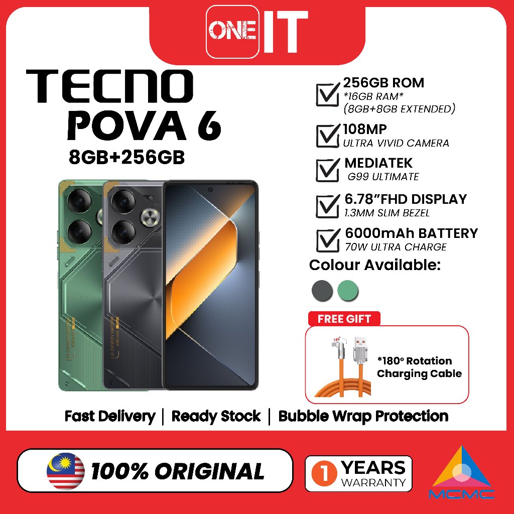 TECNO Pova 6 LI7 Smartphone (16GB RAM + 256GB ROM) 6000mAh Massive Battery /6.78" FHD+ AMOLED ...