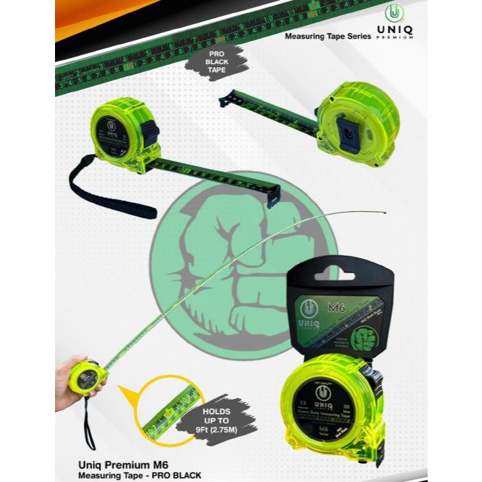 UNIQ PREMIUM M6 Heavy Duty Measuring Tape (PRO Black Blade Series) 7.5M 萤光透明壳拉尺 Pita Pengukur ...