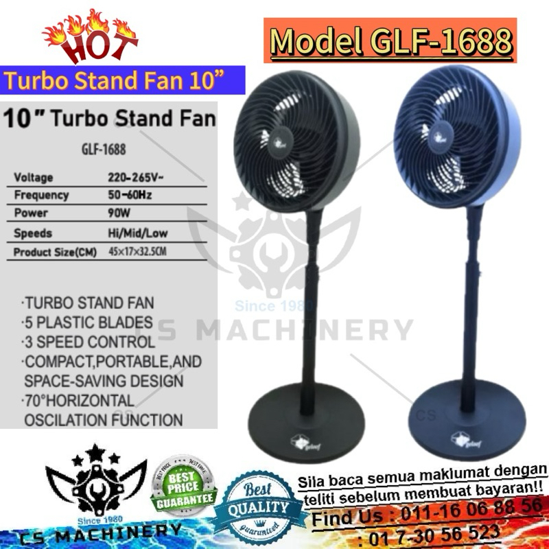 💥 Turbo Stand Fan 10” / Kipas Berdiri 10” Adjustable Model GLF-1688 🔥 ...