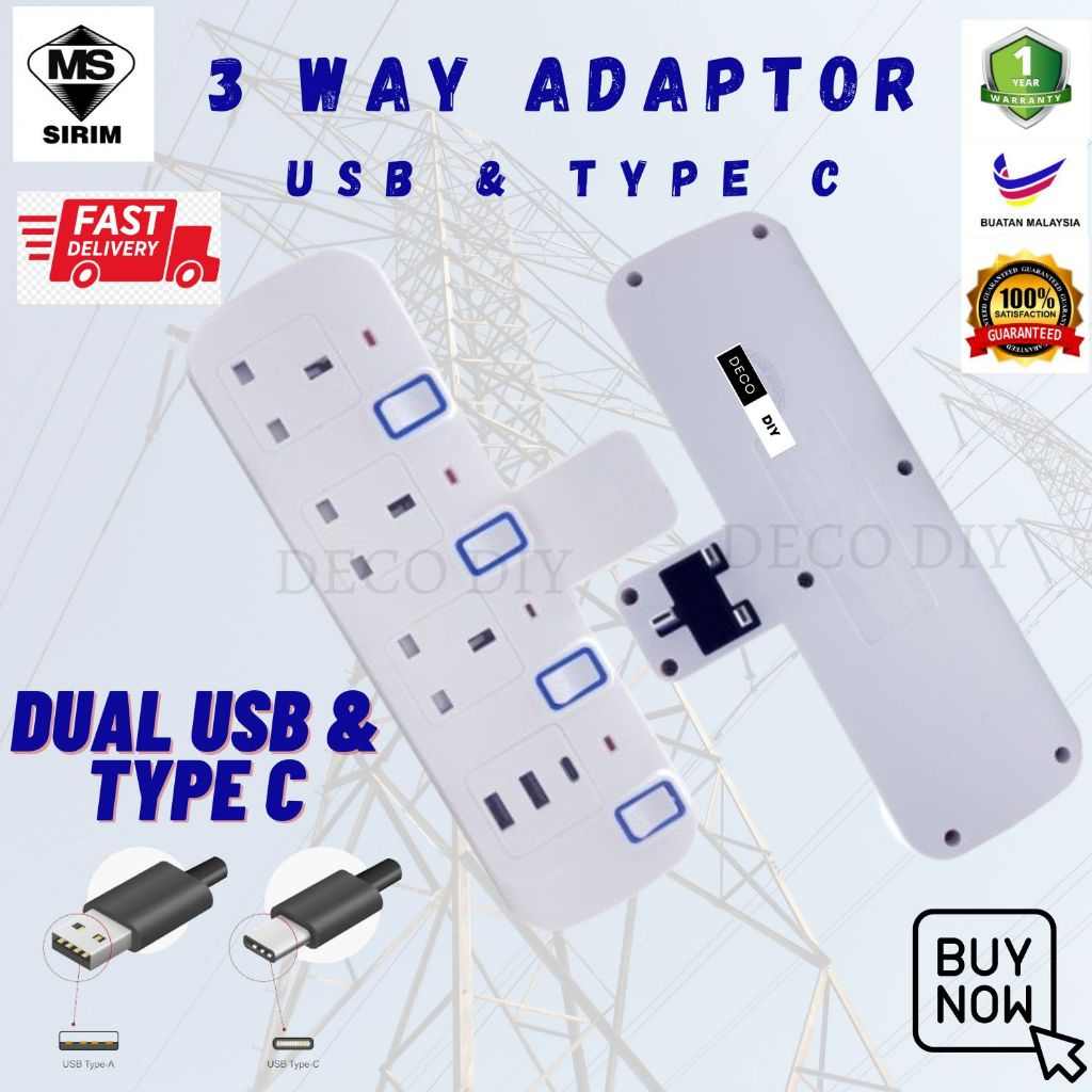 3 Way Extension Plug with USB+Type C,Wall Extension Socket Fast Charger ...