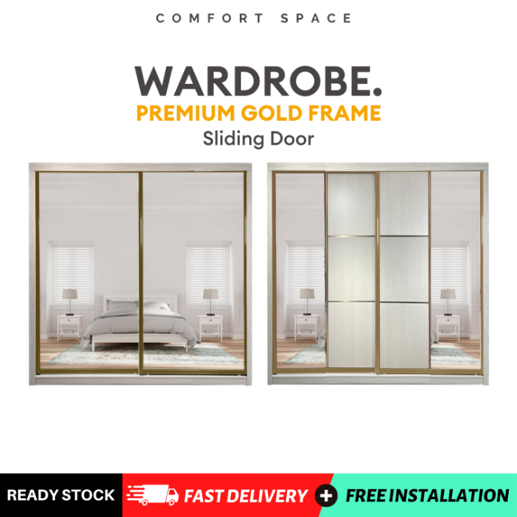 🔥 Lowest Price 🔥 Gold Frame 6x8, 8x8 Anti Jump Sliding Door Wardrobe | Melamine | Almari 衣橱 131 ...