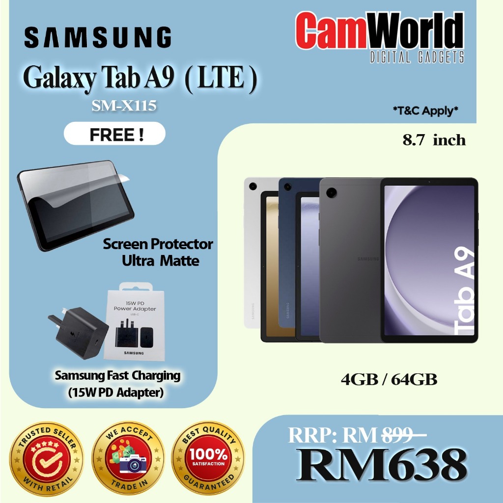 Samsung Galaxy Tab A9 LTE ( SM-X115 ) ( 4GB + 64GB ) With 15W & Ultra ...