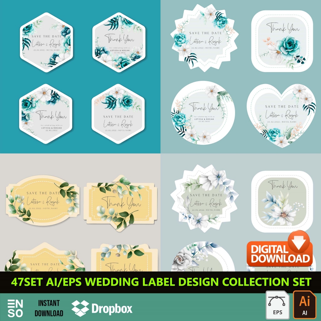 47-Set Ai/EPS Wedding Label Design Collection Template | Editable Adobe ...