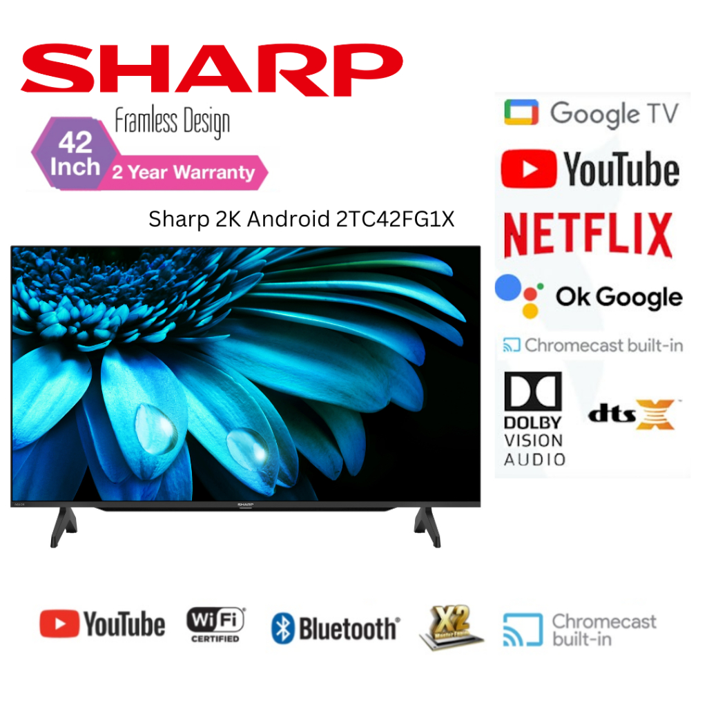 Sharp 42 Inch AQUOS Google TV 2TC42FG1X slim bezel Youtube Netflix smart tv 2K FULL HD HDR10 42 ...