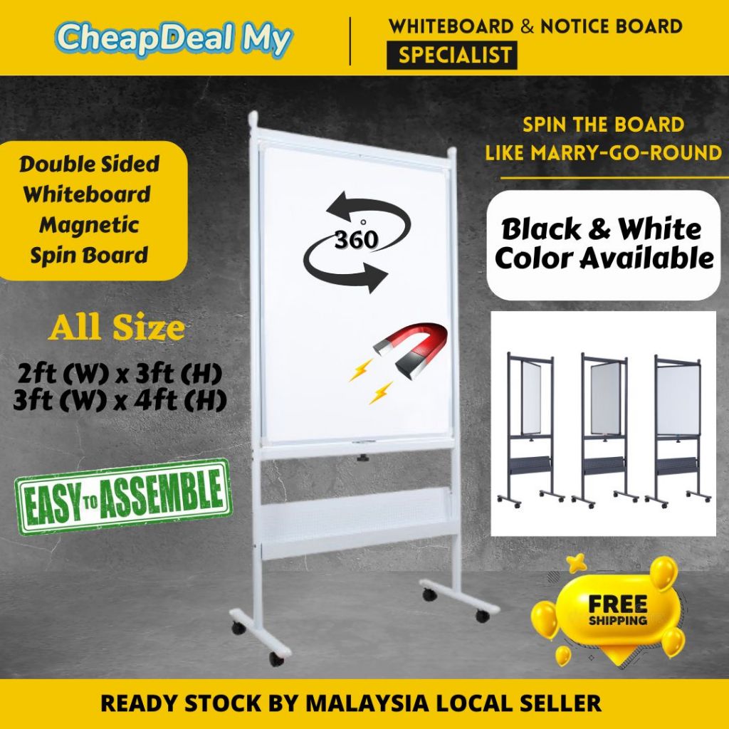 Papan putih Spin dua muka dengan kaki beroda/ Double sided Spin ...
