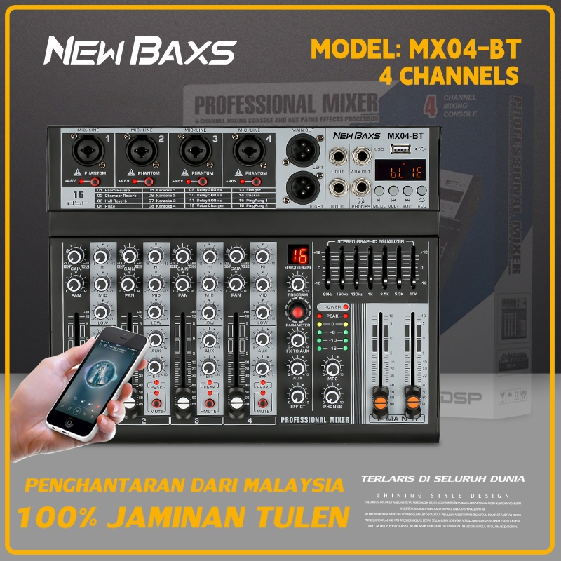 New Baxs pengadun profesional 4 saluran Pengadun MX04BT Kesan EQ 16DSP ...
