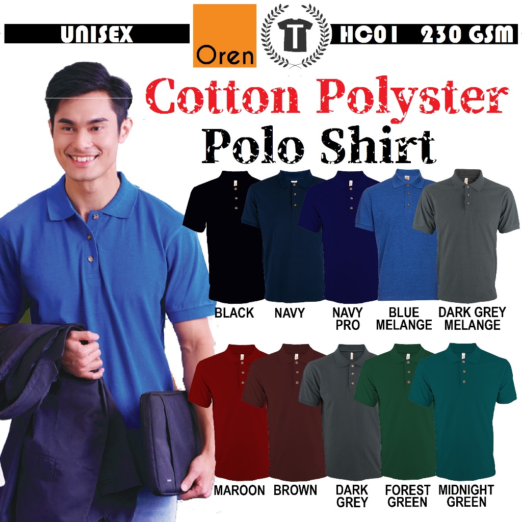 【Cotton Polo】Unisex Cotton Plain Polo Shirt Tee Baju HC01 OREN SPORT ...