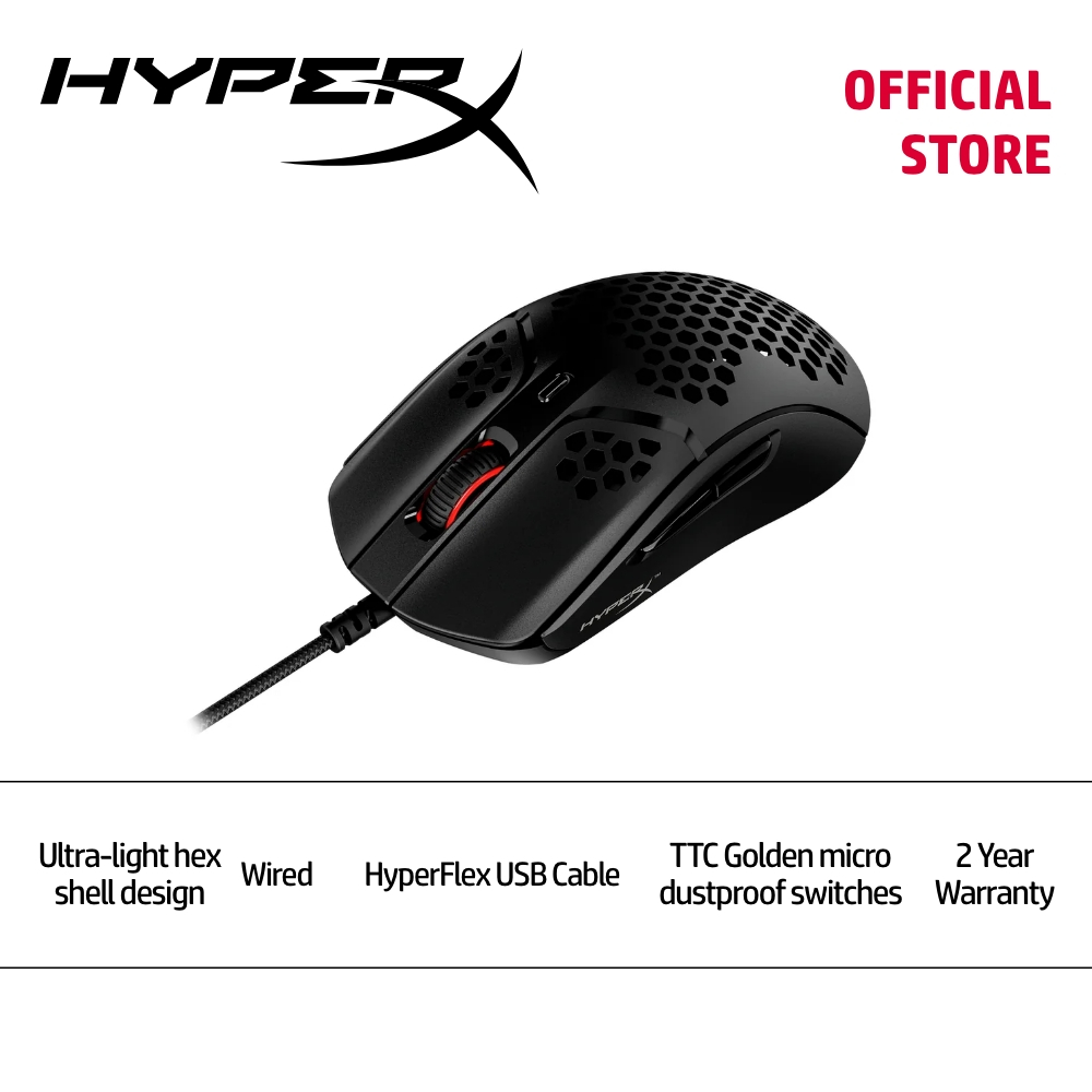HyperX Pulsefire Haste - Mouse (Black) / Ultra-light hex shell design / Wired / HyperFlex USB ...