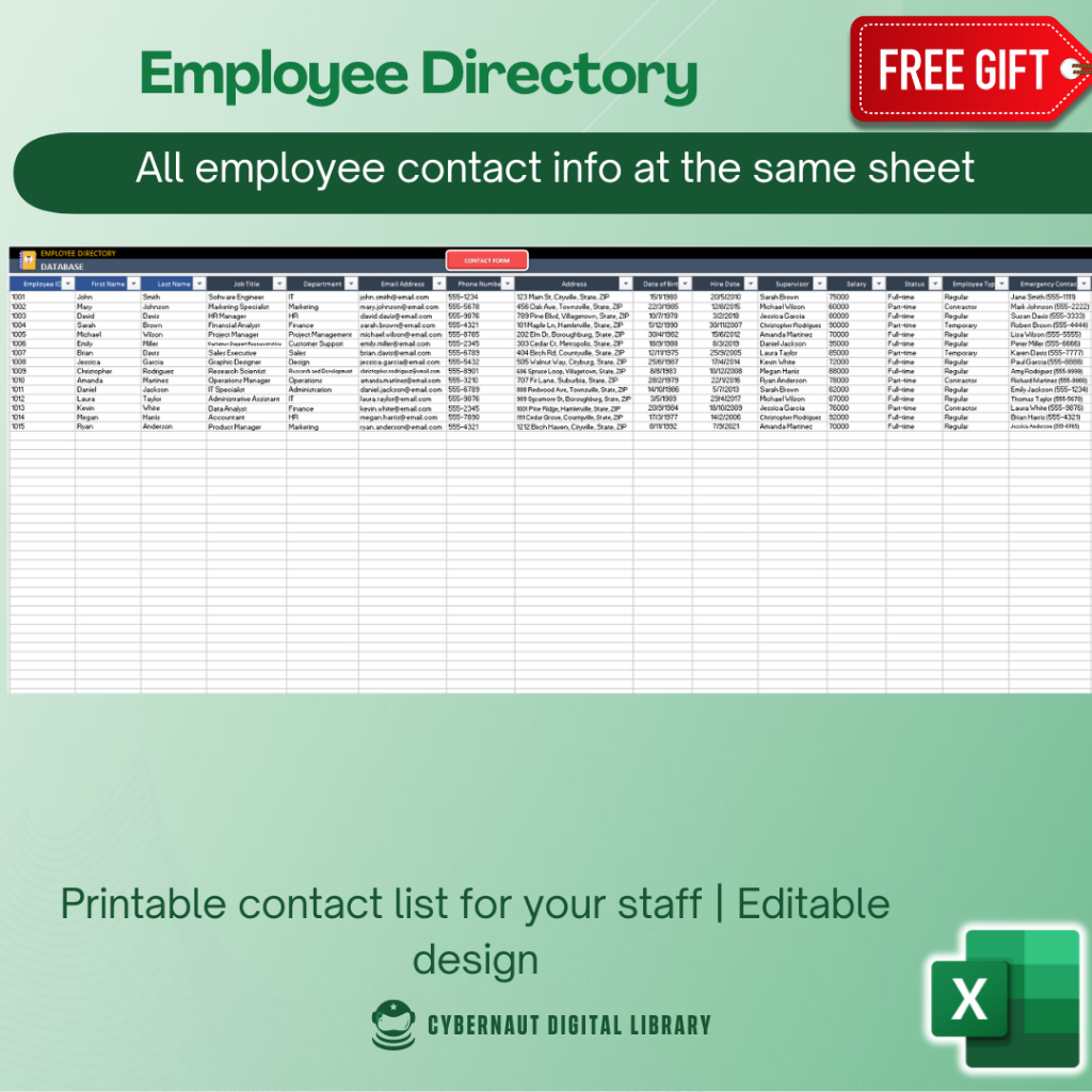 Excel Template - Employee Directory Template (Free 12-in-1 Bundle Excel ...