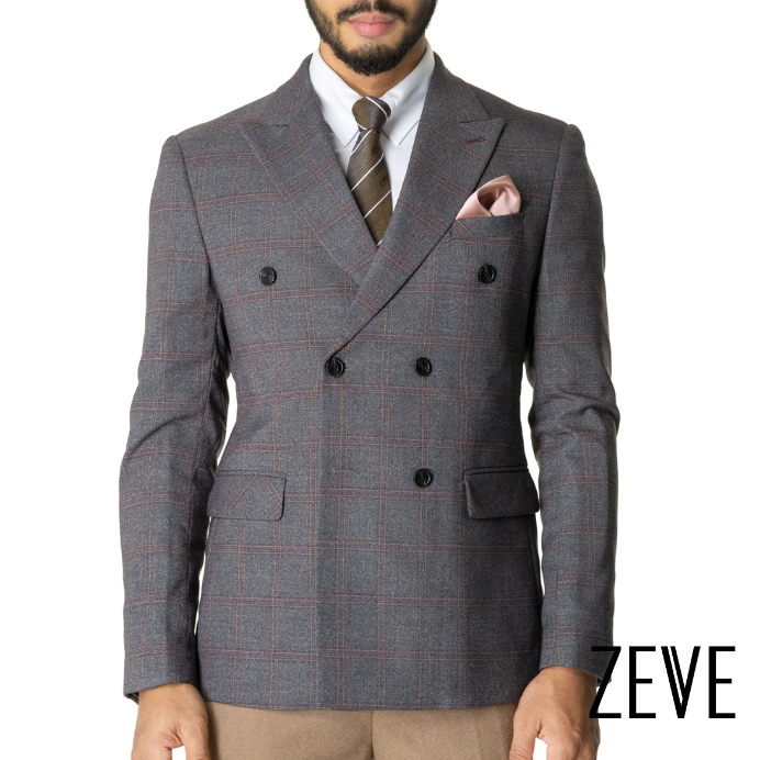 Zeve Double Breasted Suit Blazer - Dark Grey Checkered (Peak Lapel ...