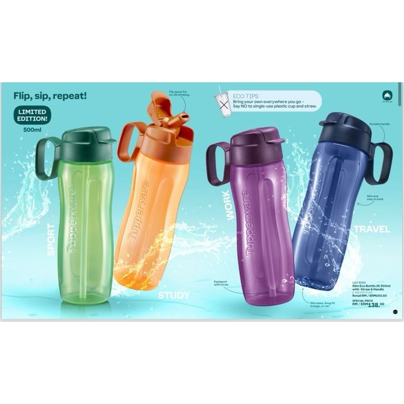 Tupperware Slim Eco Bottle (4) 500ml with Straw & Handle | Shopee Malaysia
