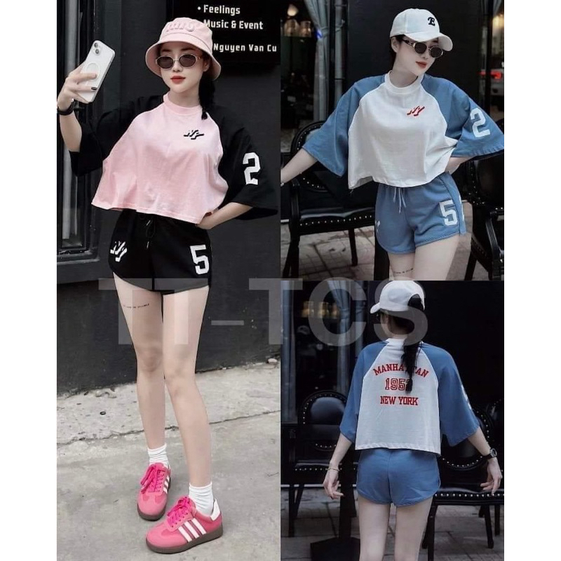 one set women crop top + pants ( free size 42kg >52kg) set thể thao đùi | Shopee Malaysia