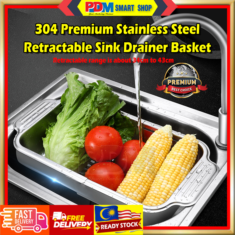 PDM Premium 304 Stainless Steel Sink Draining Basket Retractable Drain ...