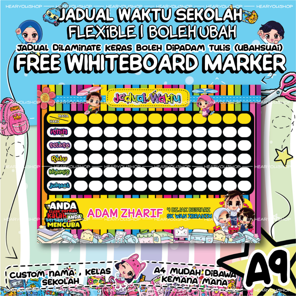 JADUAL WAKTU KELAS BOLEH UBAH A4 JADUAL WAKTU SEKOLAH LAMINATE BOLEH ...