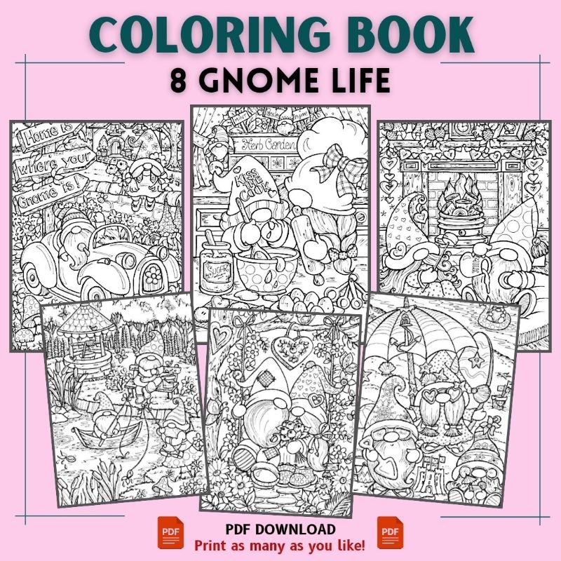 [PDF] 8 Pictures GNOME LIFE - Printable Colouring Book For Kids Adults ...