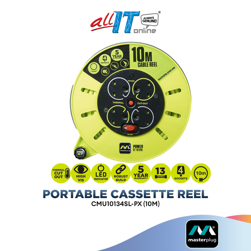 MasterPlug Pro-XT 4 Gang Portable Cable / Cassette Reel (10m/5m ...