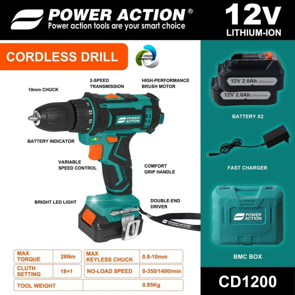 ~JS~ POWER ACTION Model CD1200 Cordless Drill 12V/2.0A + FREE two ...