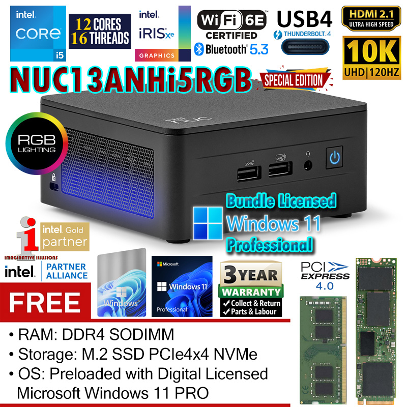 Intel NUC13ANHi5 RGB L10 Core i5 12-Core NUC Mini PC + Windows 11 PRO (Arena Canyon NUC13 ...