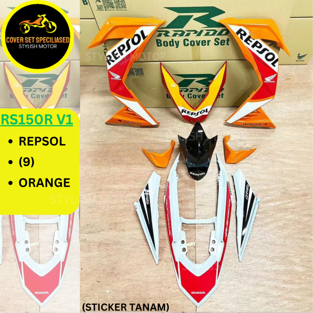 (STICKER TANAM/AIRBRUSH) RAPIDO COVER SET HONDA RS150 RS150R V1/V2/V3 REPSOL (9)/(10) ORANGE ...