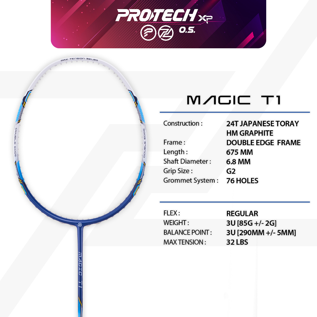 PROTECH Badminton Racket - Magic T1 (3UG2)(MAX 32LBS)(FREE String ...