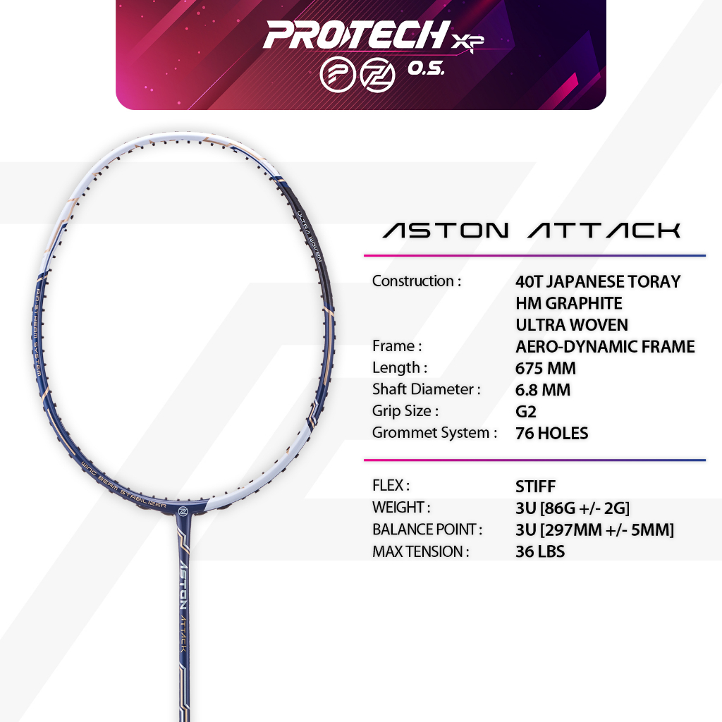 PROTECH Badminton Racket - Aston Attack (3U) (MAX 36LBS) (FREE String + Grip + 2 Zips Bag ...