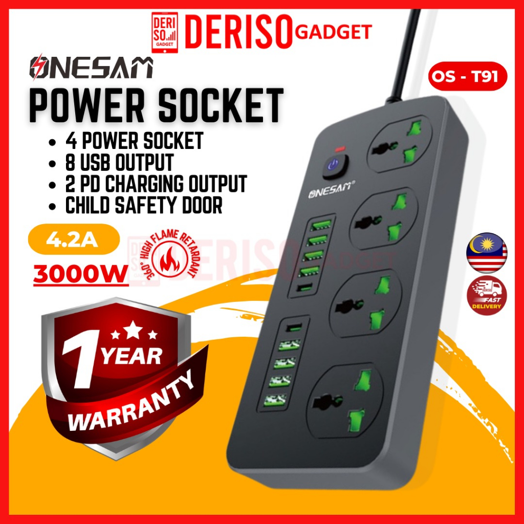 DERISO ONESAM OS-T09 3.1A Auto-id Power Socket / PD + QC 3.0 Quick Charging / 2 PD 4 USB Output ...