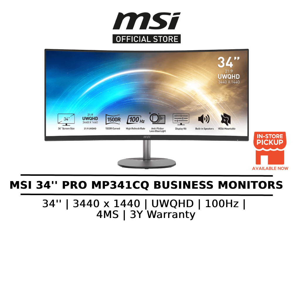 MSI PRO MP341CQ BUSINESS PRODUCTIVITY MONITORS (34'' / UWQHD / 3440X1440 / 100Hz / 4ms / HDMI ...