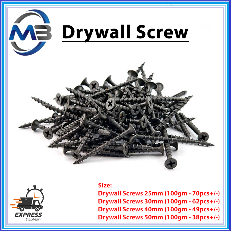 Skru Hitam #6 100GM | 25mm, 30mm, 40mm, 50mm, #6 Drywall Black Screws ...
