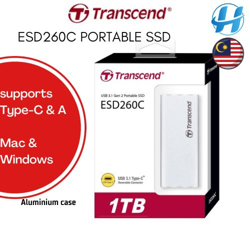 Transcend ESD260C USB 3.1 GEN 2 External SSD 3D NAND Type-C with USB-A ...