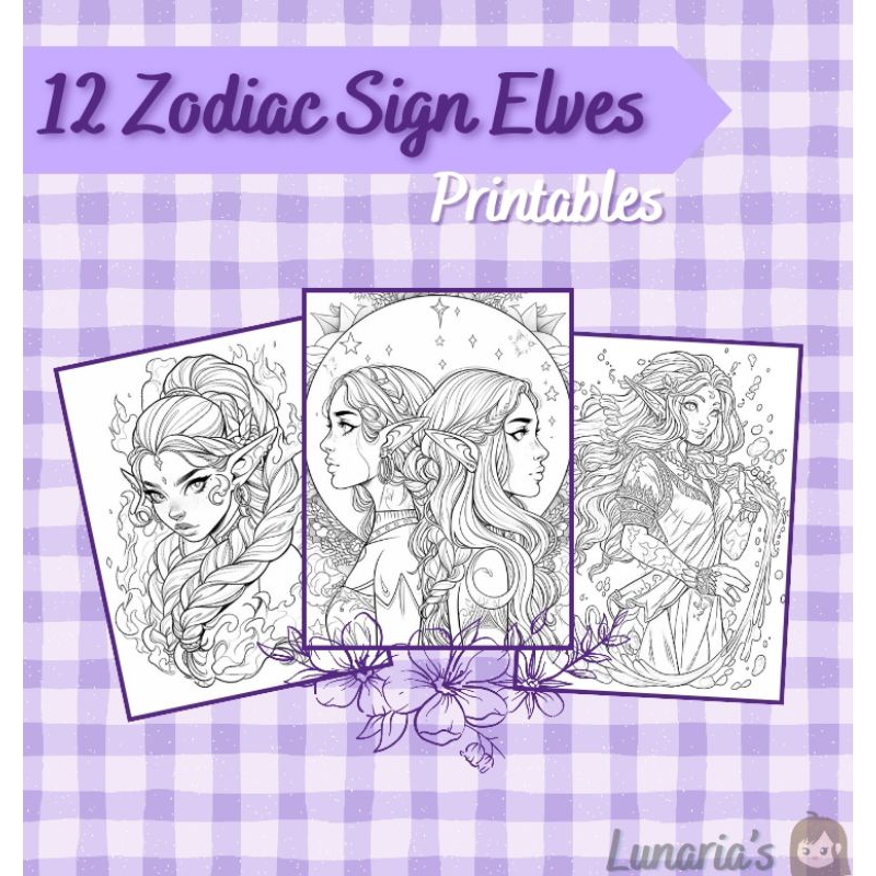 LUNARIA'S [Printables] 12 Zodiac Sign Elves - 12 Colouring Pages for ...