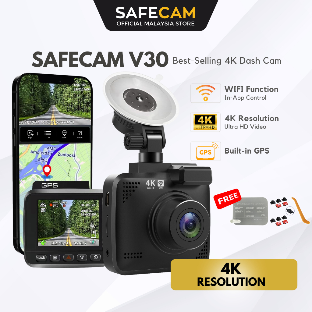 SAFECAM V30 4K Ultra HD WIFI Built-in GPS Dashcam Parking Mode App ...