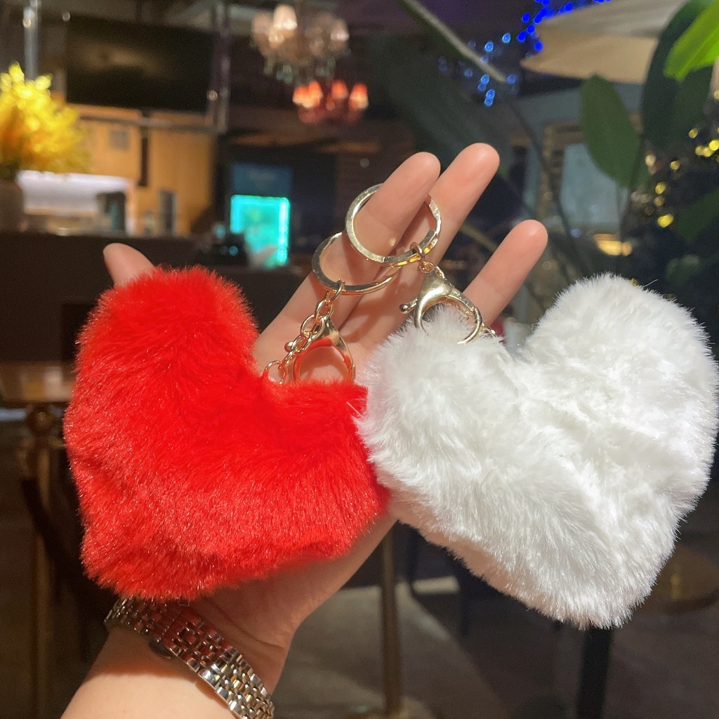 Trendy Heart Ball Pom Pom Keychain Fluffy Faux Rabbit Fur Pompom Key ...