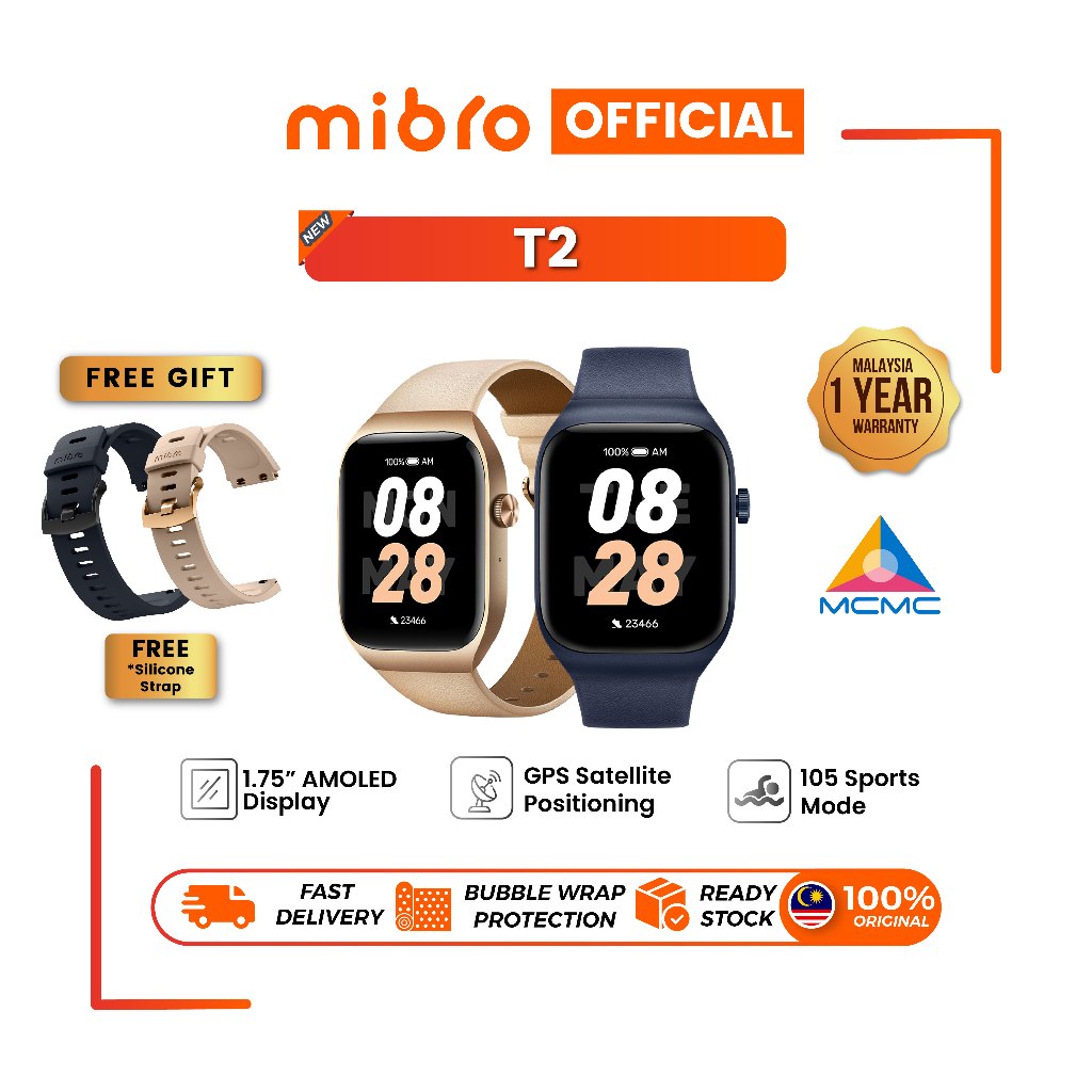 Mibro T2 Jam Pintar / Smart Watch 1.75'' AMOLED, Kalis Air, Panggilan Bluetooth, GPS Satelit ...