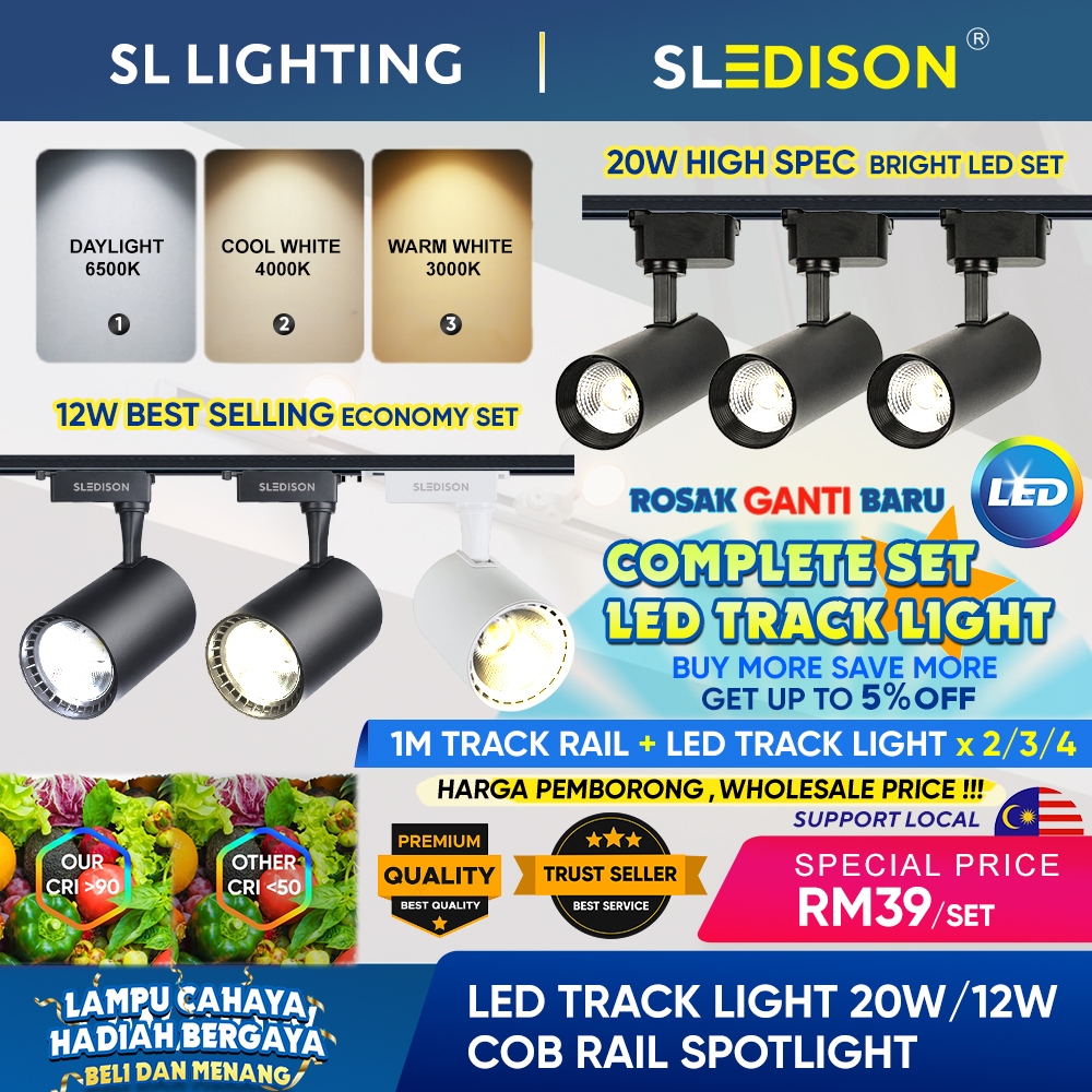 SET LENGKAP】LED Track Light 12W 20W COB Spotlight Ceiling Light ...