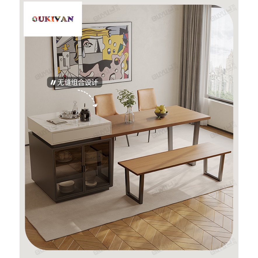 Nordic SOLID WOOD 2IN1 Dining Table With Island Kitchen Luxury Multi ...
