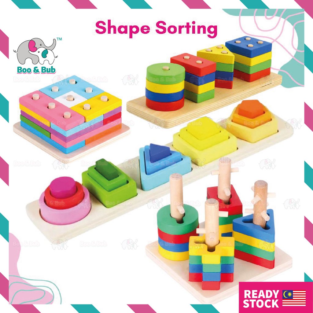 Boo&Bub Wooden Geometry puzzle stacker Shape Sorting Educational Toys ...