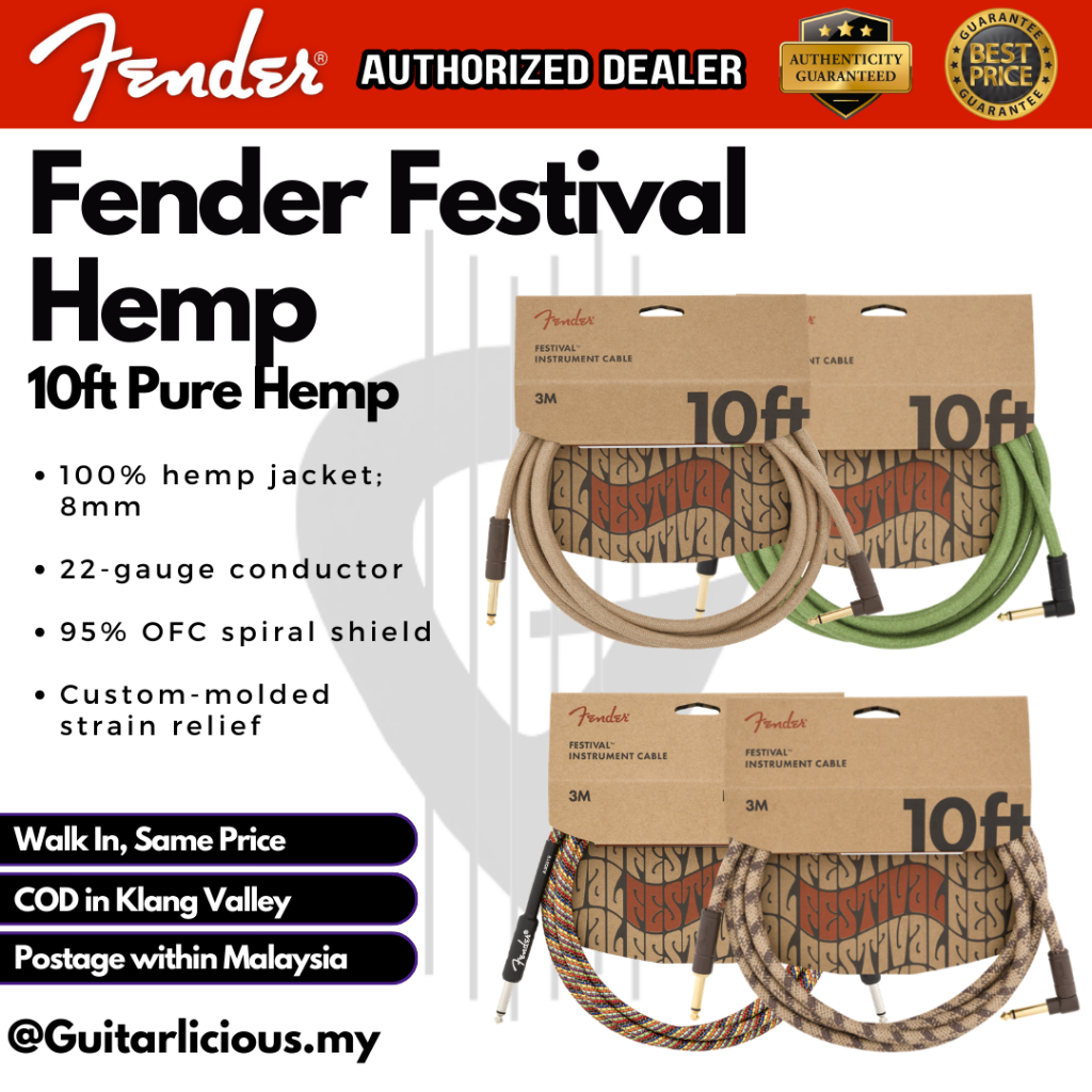 Fender Festival Hemp Instrument Cable, Pure Hemp , (10ft / 3m) | Shopee ...