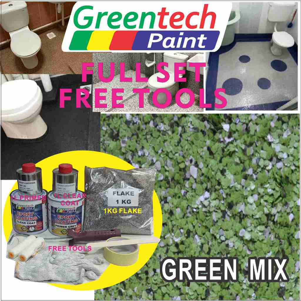FULL SET ( GREENTECH ) Epoxy Colour Flake Coating Toilet Floor Tile Waterproof (FREE TOOL/1L ...