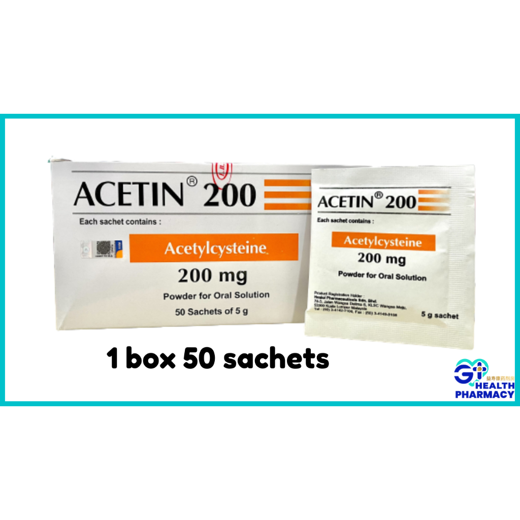 Acetin 200mg 5g (Acetylcysteine 200mg) 1 box 50 sachet - pecah kahak ...