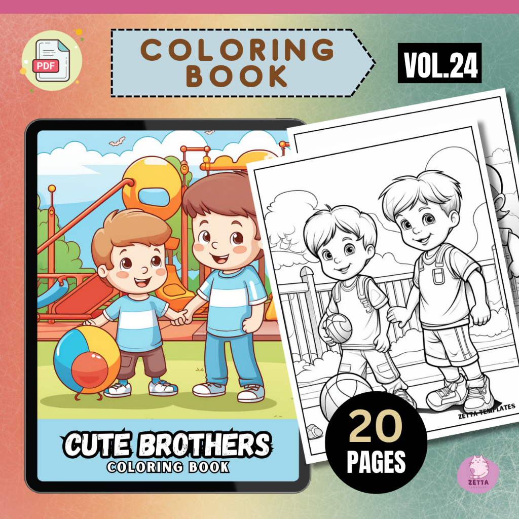 Coloring Book Cute Brothers in the Playground PDF Printable Coloring ...