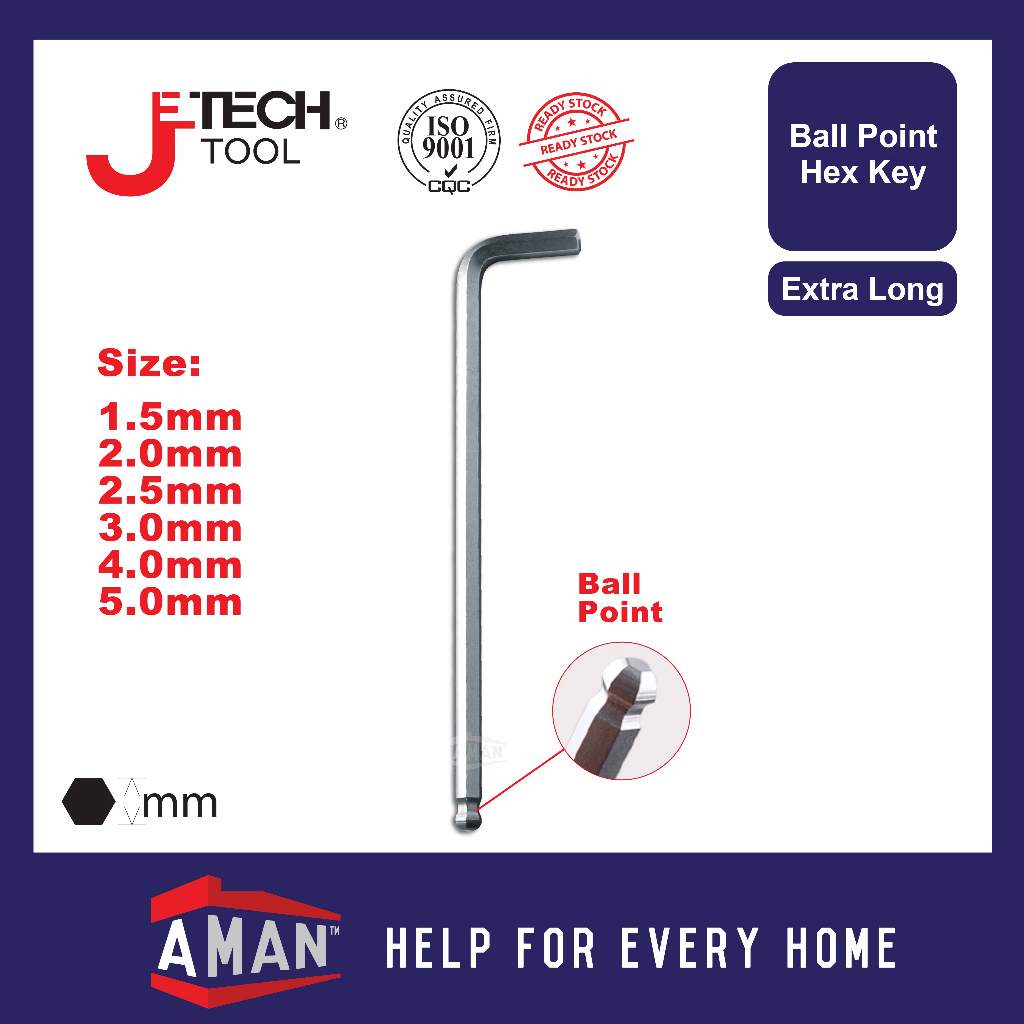 JETECH Allen Key Extra Long Ball Point Chrome CrV Hex Key Hex Flat Hex ...