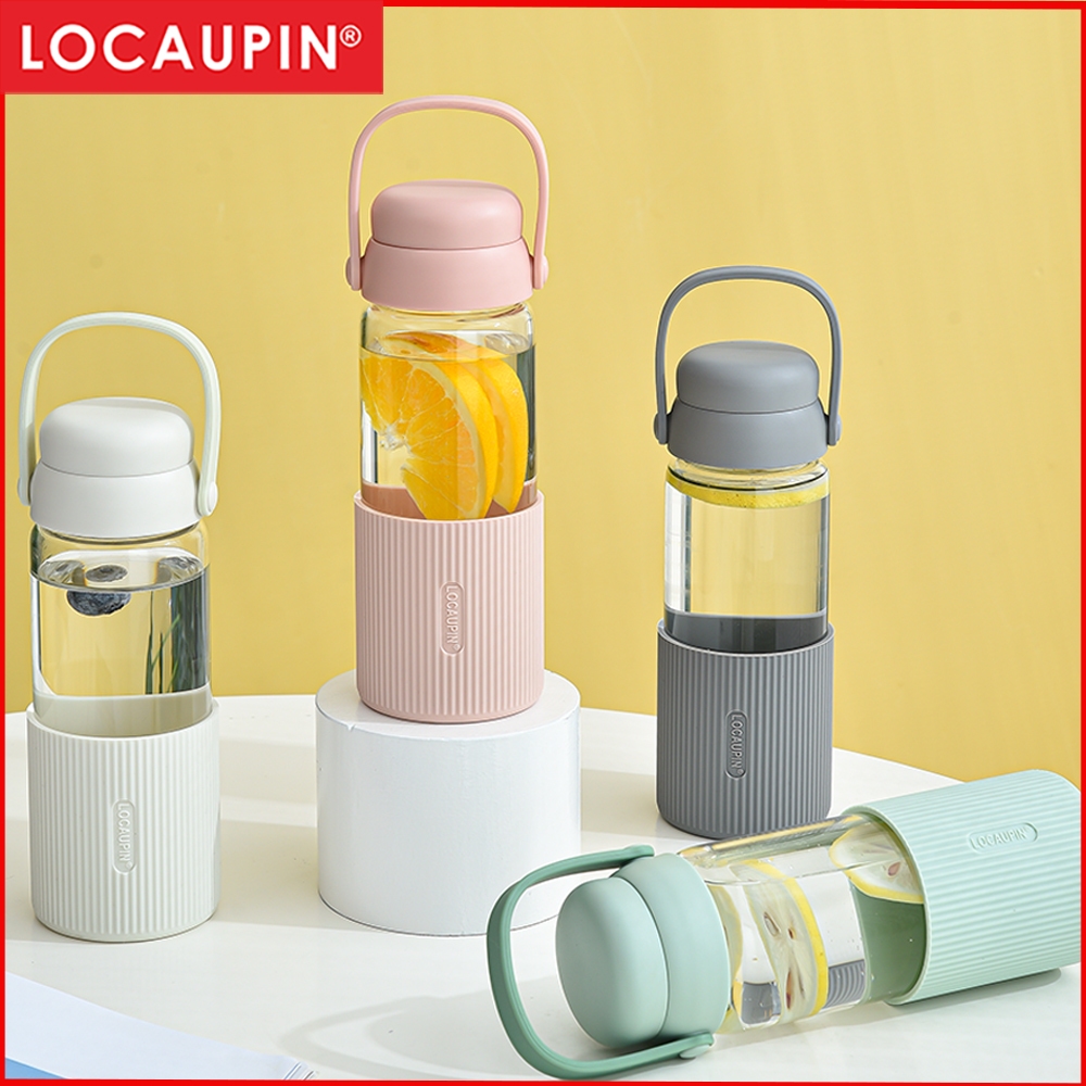 Locaupin Glass Water Bottles with Silicone Sleeve, BPA-Free,with Handle ...
