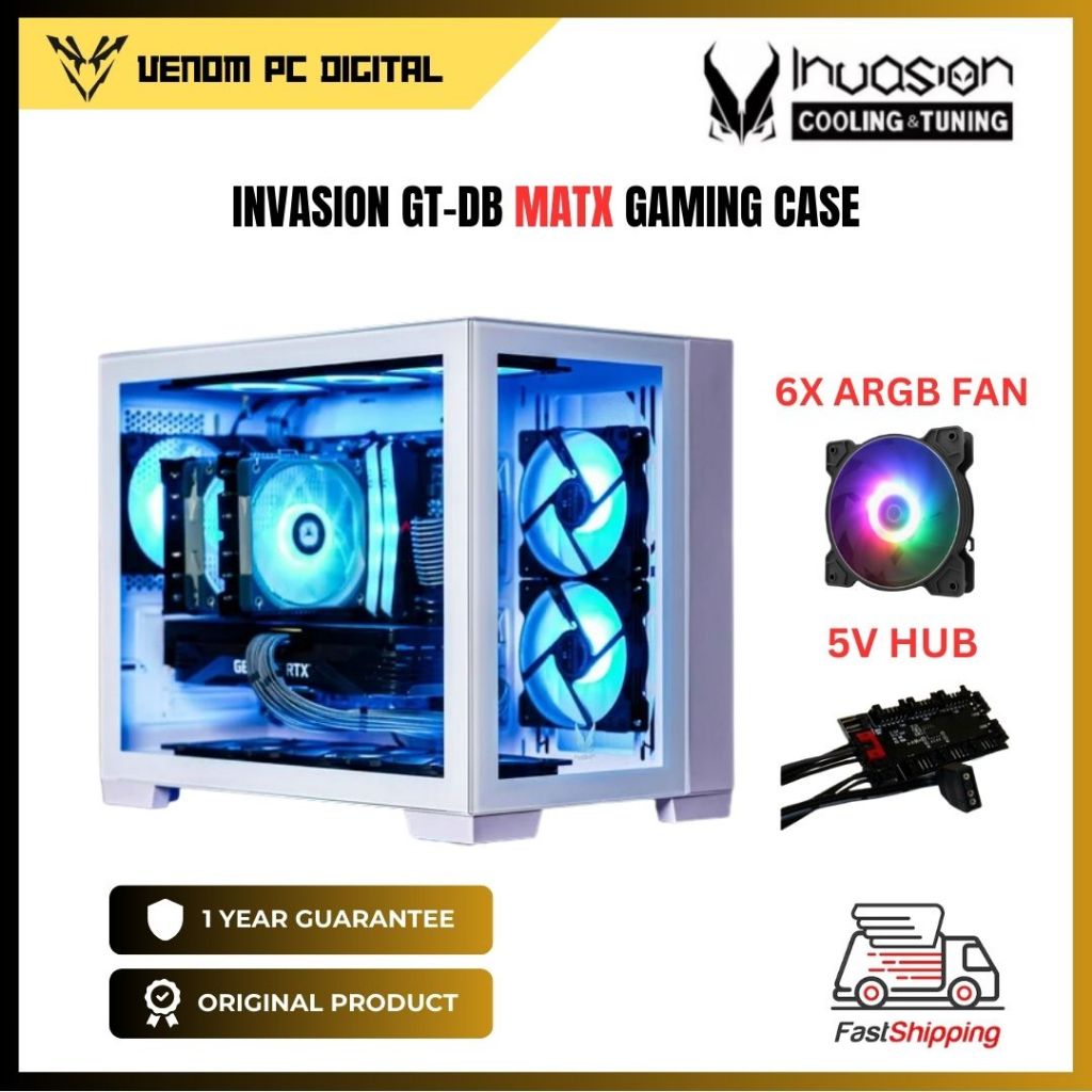 Invasion GT-DB M-ATX Mid-Tower Gaming Case with ARGB Fan - Black/White ...