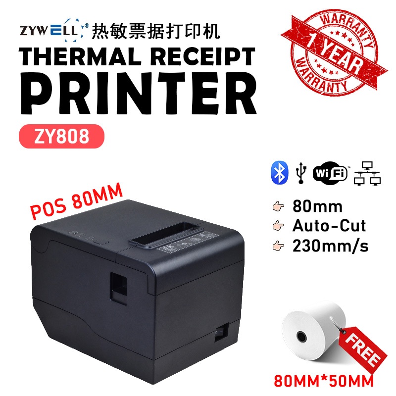 ZYWELL ZY808 80mm Thermal Receipt Printer for POS System with Auto-Cut ...
