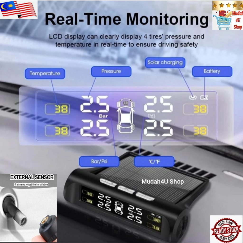 Smart Car TPMS Tyre Pressure Monitoring LCD Warning System Monitor Tire Pressure Alarm Monitor ...